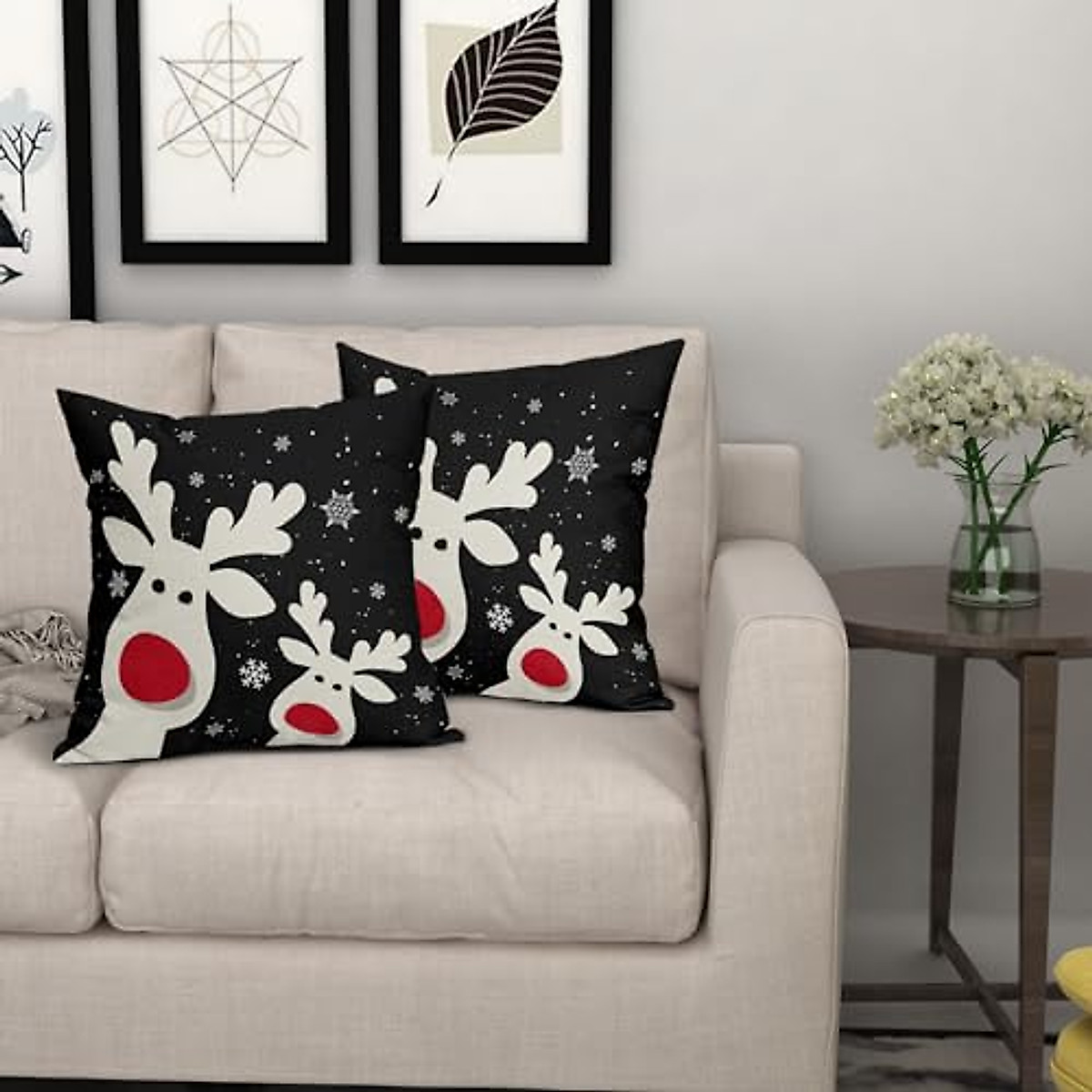 aportt Deer Christmas Pillow Covers 20X20 Inch Winter Black Snowflake Reindeer Decorative Pillow Cases Merry Christmas Holiday Square Throw Pillows Set of 2 Home Decor for Sofa Couch Bedroom Outdoor