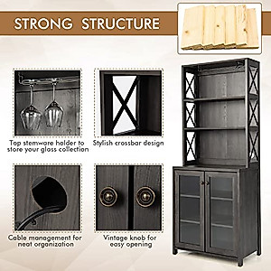 Giantex Kitchen Pantry, 67.5" Buffet Hutch Cabinet, 2 Door Sideboard, Coffee Bar Cabinet w/Glass Holder, Adjustable Shelves, Anti-toppling, Farmhouse Freestanding Wood Microwave Stand, Gray