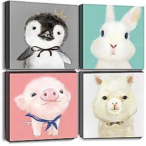 Merrleem Kids Canvas Wall Art Prints Colourful Animals Wall Decor Picture Painting for Baby Room Bedroom Nursery Decor (12"x12"x4pcs)