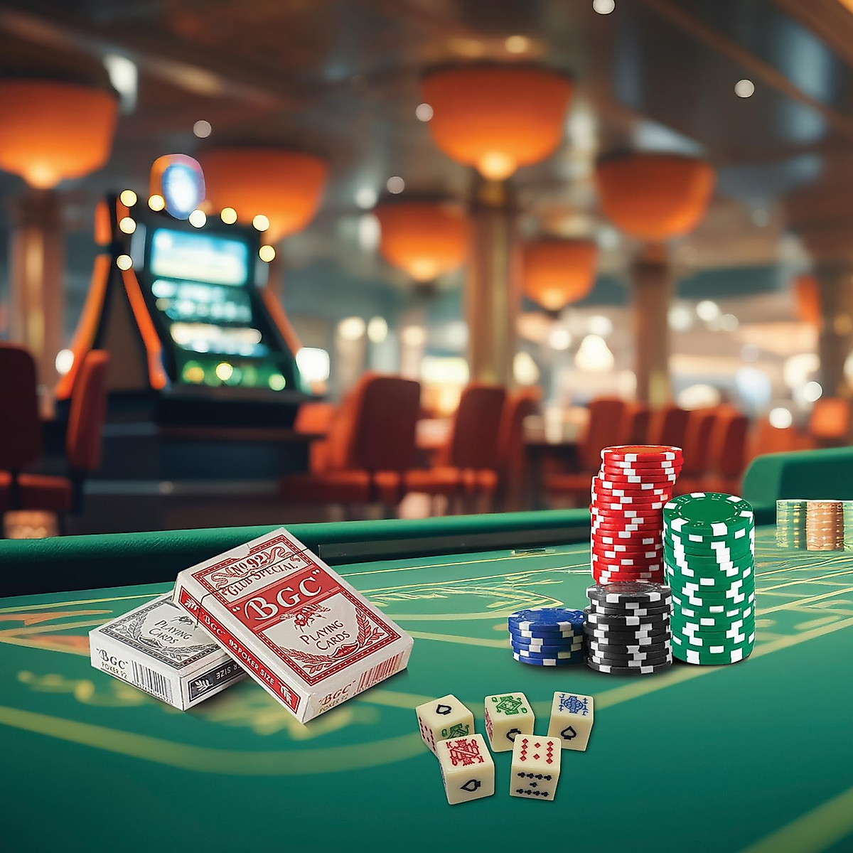 Bey-Berk Custom Personalized Black Leather case with with Playing Cards, Chips, and Poker Dices