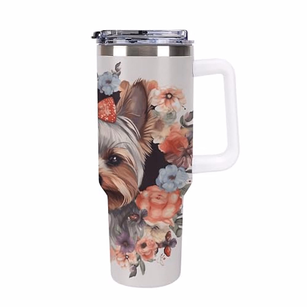 WYUSPGK 40oz Stainless Steel Car Mug, Yorkie Floral Print Travel Mug, Double-Wall Insulated with Straw, Perfect for Car, Office, Outdoor