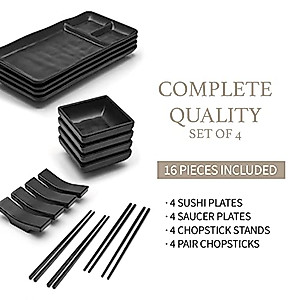GOLIBER 16 Piece Japanese Style Sushi Plate Set - Includes 4 sushi plates and soy sauce bowls, 4 Chopsticks, 4 Chopstick Holders Sushi Set For 4 Sushi Kit - Sushi Tableware Set - Melamine Sushi Dishes