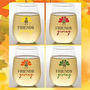 Set of 4 HOLIDAY DESIGN Shatterproof 16 oz Plastic Stemless Wine Glasses (FRIENDSGIVING)