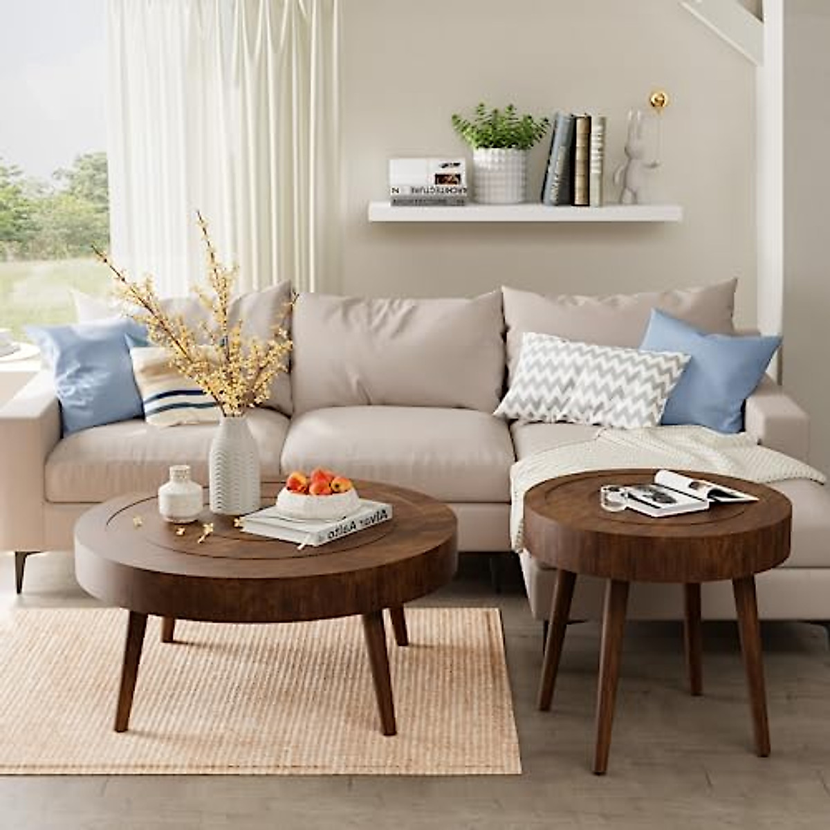 COSIEST 2 Piece Round Coffee Table Set, Modern Nesting Table with Handcrafted Wood Ring Motif, Farmhouse Wood End Table for Living Room