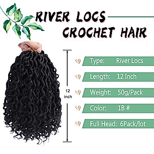 LIYATE Goddess Locs Crochet Hair 12 Inch 6 Packs Faux Locs Crochet Hair for Black Women Pre Looped Soft River Locs Crochet Braids with Curly Hair Bohemian Hippie Locs Synthetic Hair Extensions(1B)