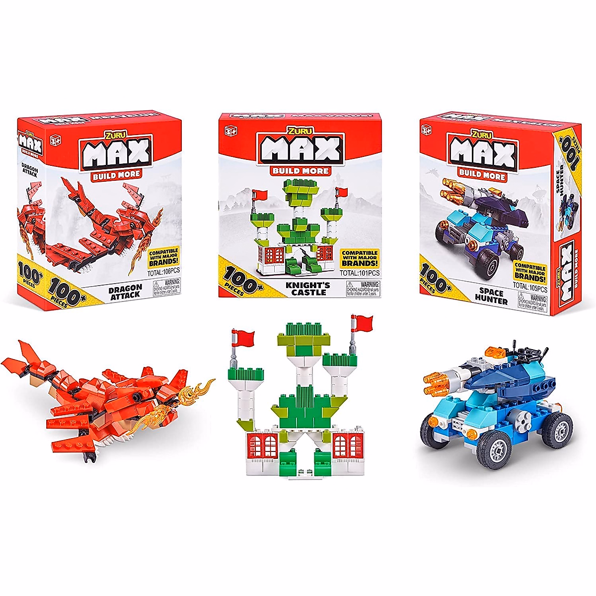 Max Build More Construction Themed 100 Pc Brick Set (3 Pack) by ZURU Over 300+ Toy Building Blocks, 3 Models to Build, Dragon Attack, Green Castle, and Space Car (Compatible with Major Brands)