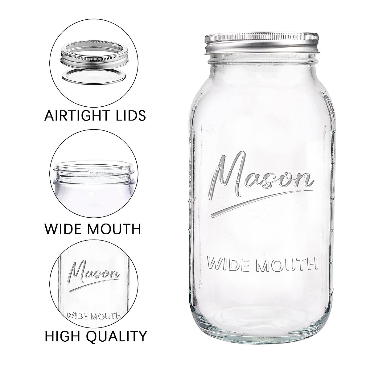 Galssmagic 64 oz Mason Jar Wide Mouth,3 Pack Large Half Gallon Mason Jars with Airtight Lid,Big Glass Jars for Canning,Pickling,Fermenting,Storing