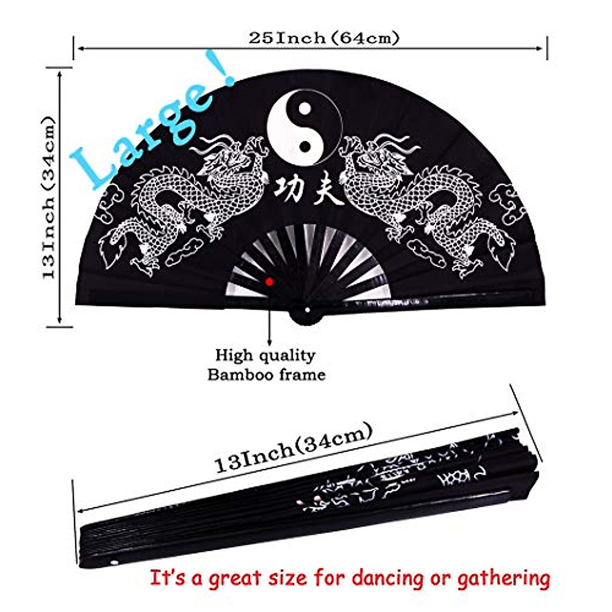 Amajiji Large Rave Folding Hand Fan for Men/Women, Chinese Japanese Kung Fu Tai Chi Handheld Fan Performance Fan Festival Gift Fan Craft Fan Folding Fan Dance Fan (Black Dragon)