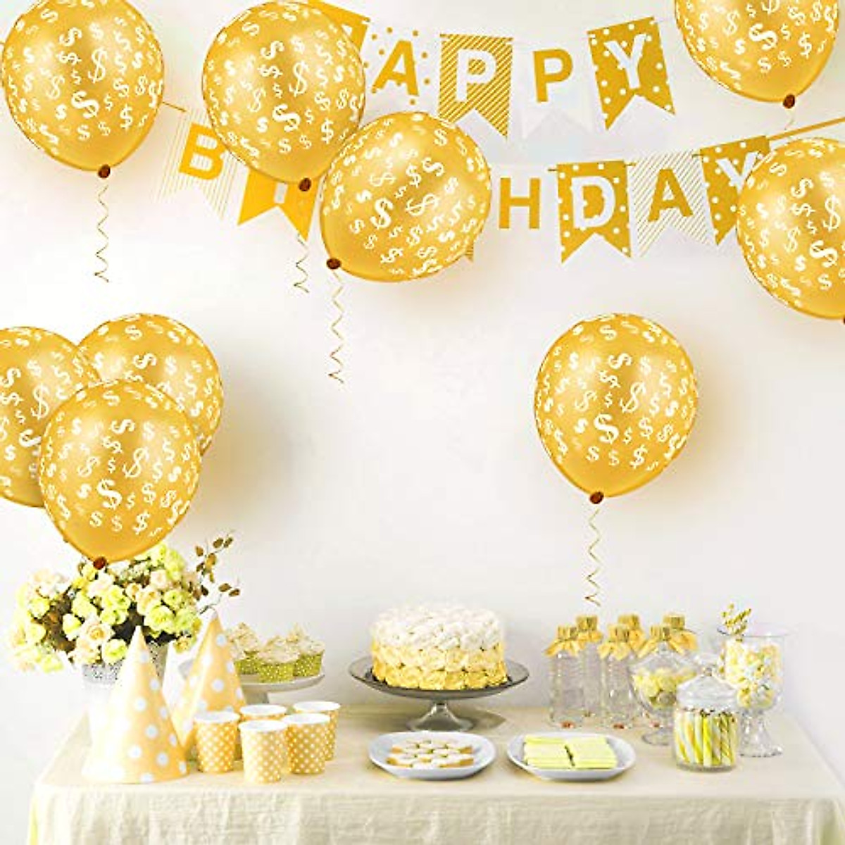 50 Pieces Golden Latex Balloons Symbol Theme Decorations with 2 Rolls of Gold Ribbons for Birthdays Weddings Retirement Baby Showers Party Anniversary Decorations, 12 Inch
