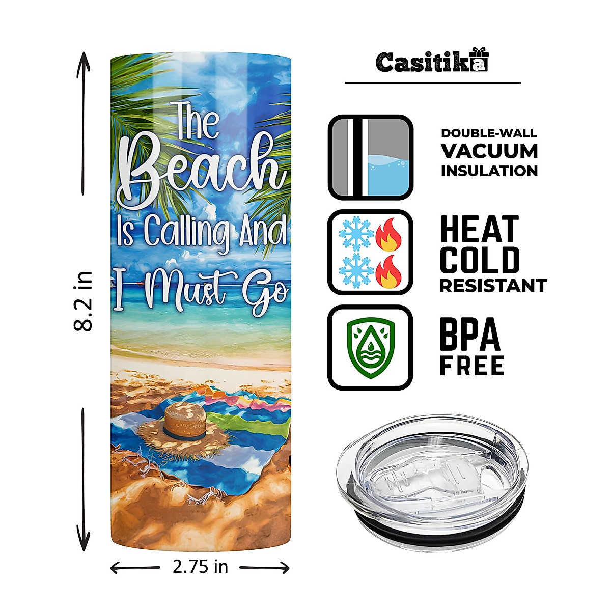Casitika Beach Tumbler For Summer Trip. 20 Oz Beach Gifts For Women. Ocean Themed Favors. The Beach Is Calling And I Must Go.
