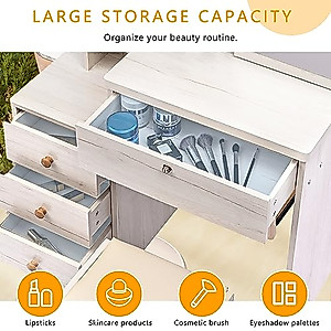 Susici Modern Makeup Vanity Table with Adjustable Lighted Mirror,Dressing Table Set with High Capacity Storage Drawers Shelves&Cushioned Stool,Vanity for Bedroom (Sliding Square Mirror2, 31.5x14x51)