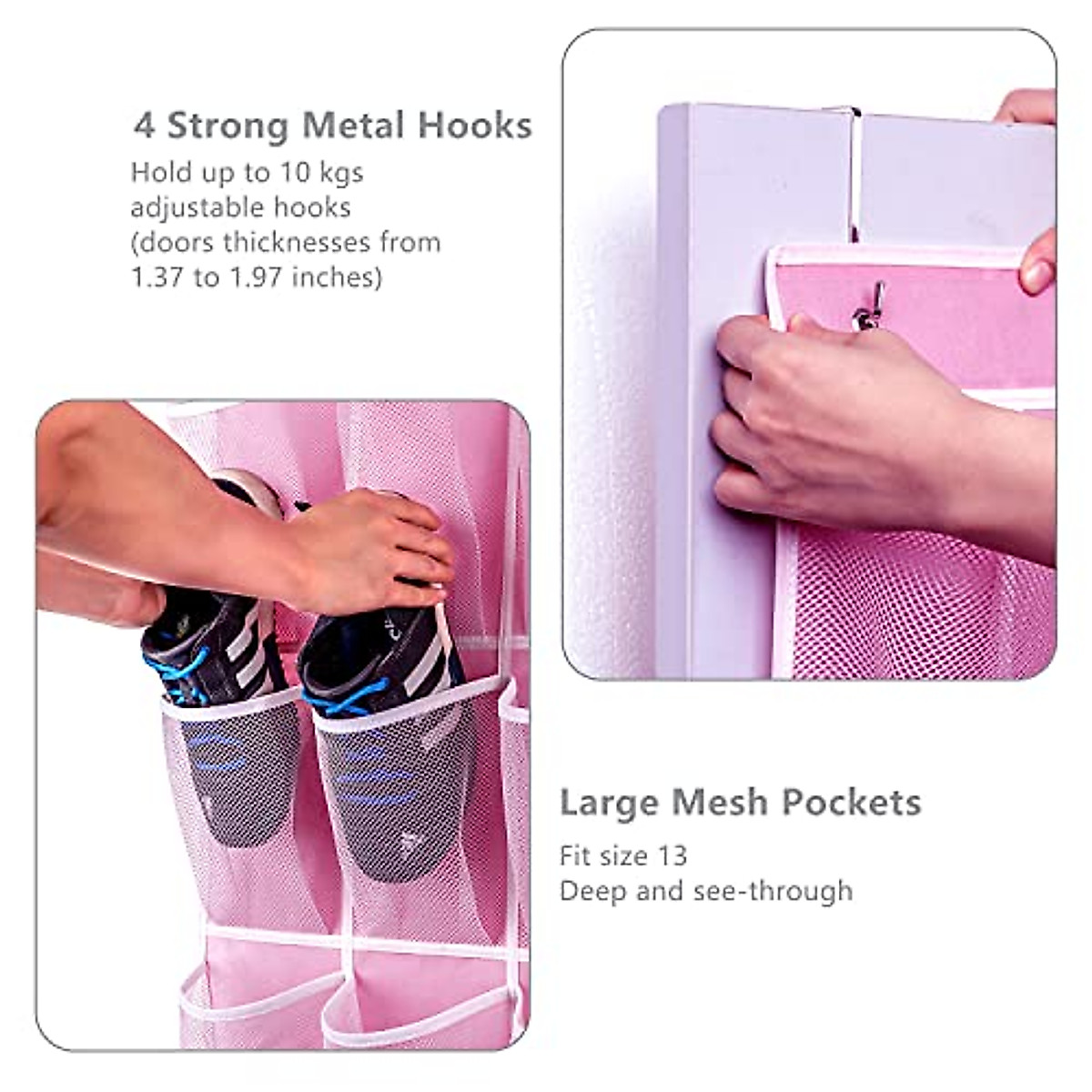 KEEPJOY 28 Pockets Hanging Shoe Organizer, Over the Door Shoe Organizer, Hanging Door Shoe Holder Rack with Mesh Pockets Large Size 65 x 23 Inch (Pink-1Pack)