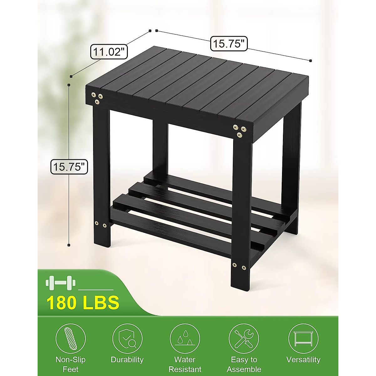 Bamneat Small Bamboo Bathroom Shower Bench with Storage Shelf, Durable Shower Stool for Shaving Legs, Indoor and Outdoor Use, Black