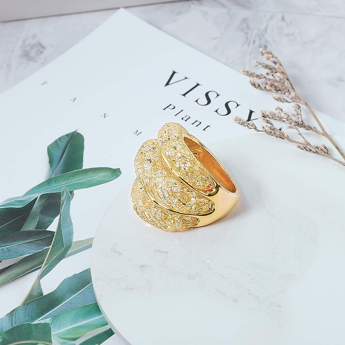 Aprilery Rose Gold Initial Rings for Women, Fashion CZ Crystal Cross Statement Chunky Ring Band Cocktail Costume Jewelry for Her (Dome, 8)