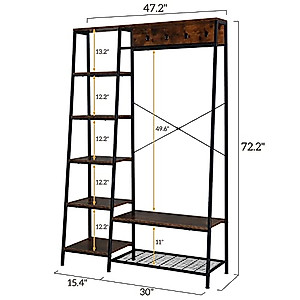 Kcelarec Clothing Rack with Hooks, Clothes Rack with Storage Shelves, Freestanding Clothing Rack, Garment Rack, Standing Metal Sturdy Clothing Rack, Small Space Storage Solution (Style 1)
