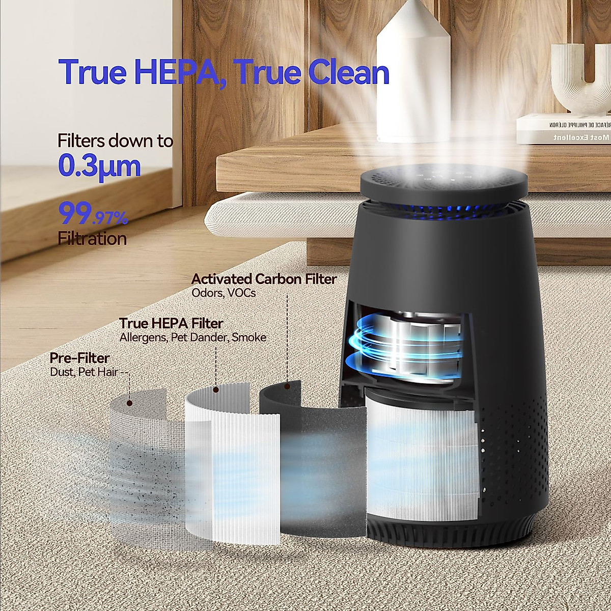 ROSEKM Air Purifiers for Home Bedroom, Air Cleaner with 3-In-1 HEPA Filter for Dust Smoke Pet Dander Odor with Sleep Mode, Aromatherapy, Timer, Portable (Black)