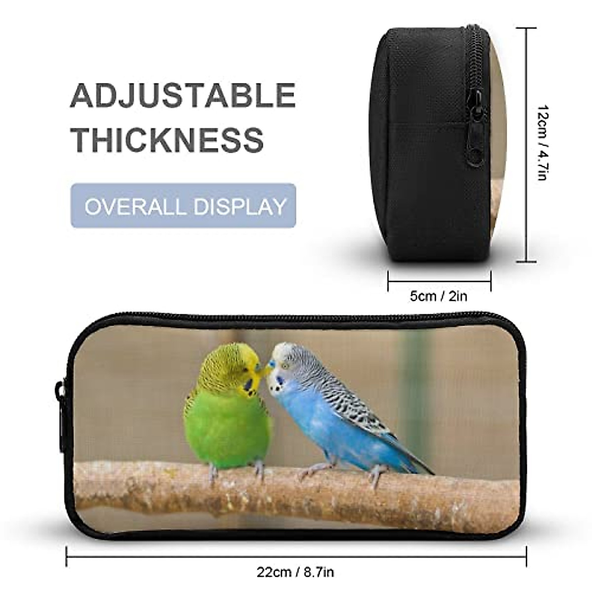 Parakeets Love-Birds Parrots on Branch Teen Adult Pencil Case Large Capacity Pen Pencil Bag Durable Storage Pouch