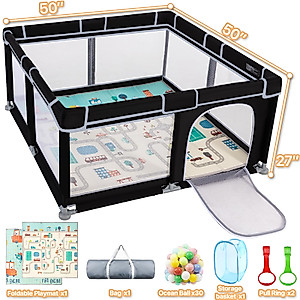 Baby Playpen with Mat, 50”×50” Playpen, Durable and Secure Baby Play Pen, Indoor & Outdoor Kids Activity Play Center, Equipped with Anti-Slip Suckers and a Zipper Gate, Anti-Fall（Black）