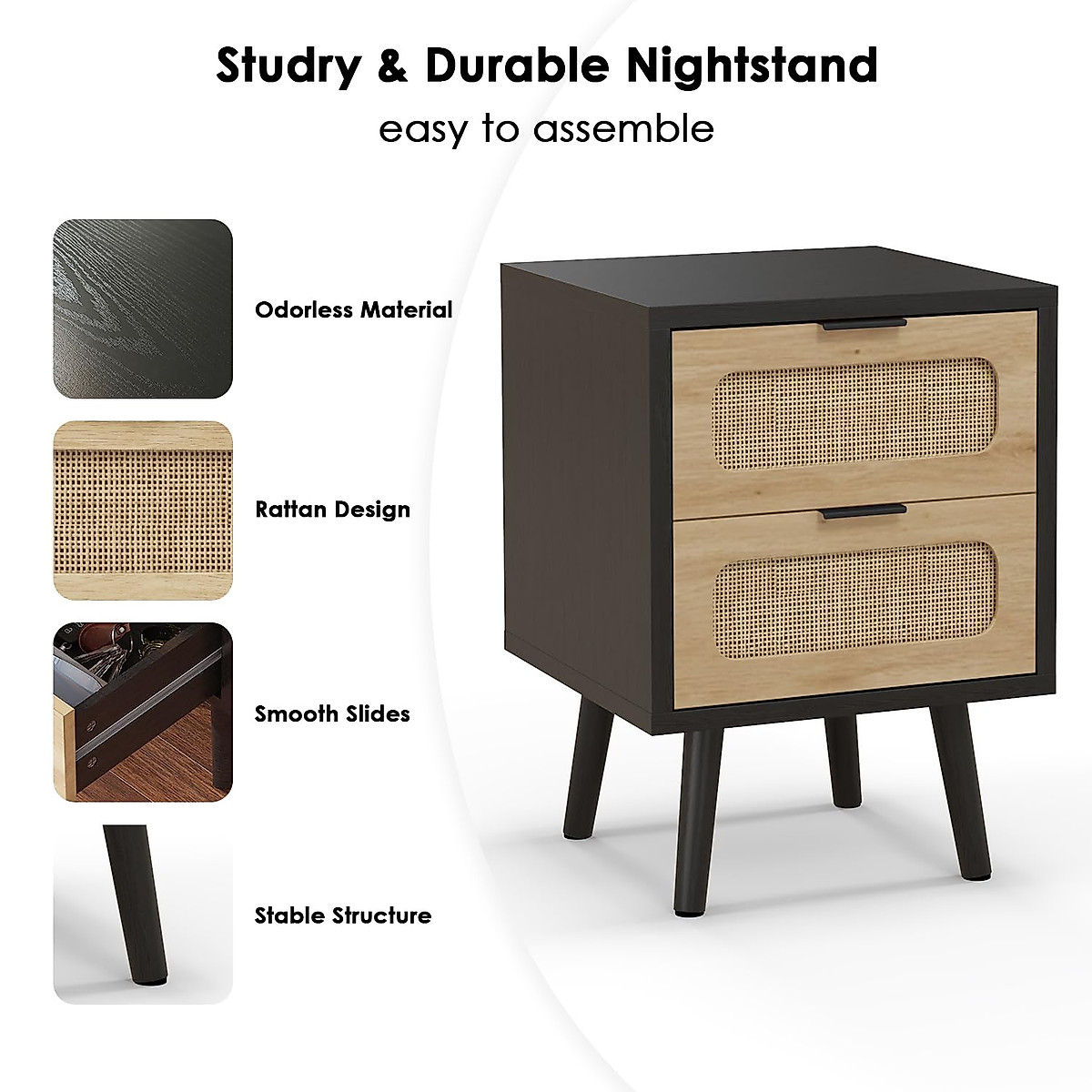 YMBSBUY Rattan Nightstand Set of 2,Night Stand Bedside Table with 2 Drawers,Mid Century Modern Nightstand End Table for Bedroom,Dorm,Small Spaces,Boho Wood Side Table with Storage,Black,2 Pack
