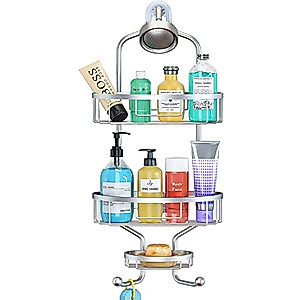 GAOKASE Shower Caddy Over Shower Head, Hanging 3-Tier Bathroom No Drilling Shower Organizer Aluminum 2-Hooks for Towel Soap Conditioner