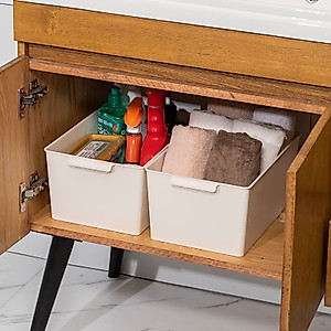 LUFOFOX Set of 2 Plastic Storage Baskets for Shelves with Labels,Small Pantry Organizer,White Storage Tray Baskets for Kitchen,Countertop,Cabinet, Bedroom,Office and Bathroom(Large,White)