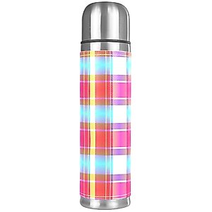 Stainless Steel Leather Vacuum Insulated Mug Cascading Plaid Thermos Water Bottle for Hot and Cold Drinks Kids Adults 16 Oz