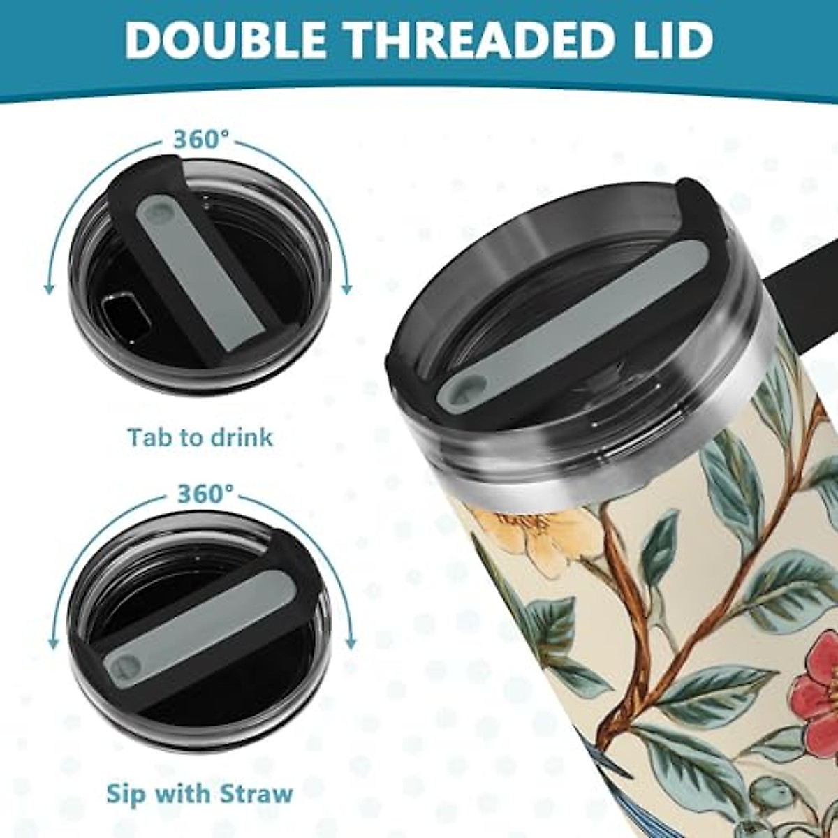 Selerdon 40 oz Tumbler Flowers Birds with Handle and Straw Lid Vacuum Stainless Steel Insulated Water Bottle Travel Mug Car Cup Holder Friendly BPA Free for Gym Travel Office