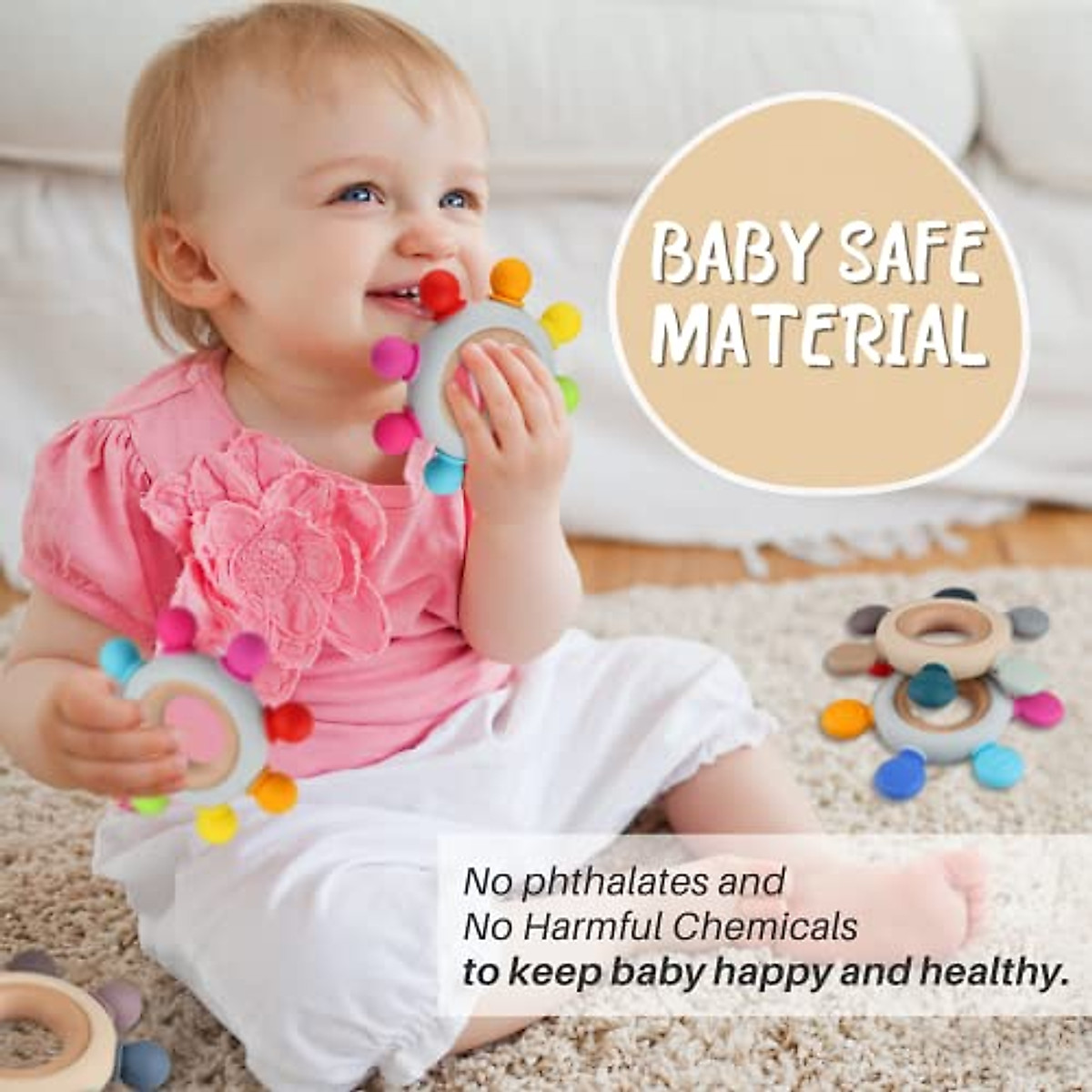 Baby Teething Toys, Silicone Chewable Rings with Organic Wooden, Natural Wooden Ring & Silicone Teething Toys for Newborn, 3+ Months (6 Directions, Khaki)