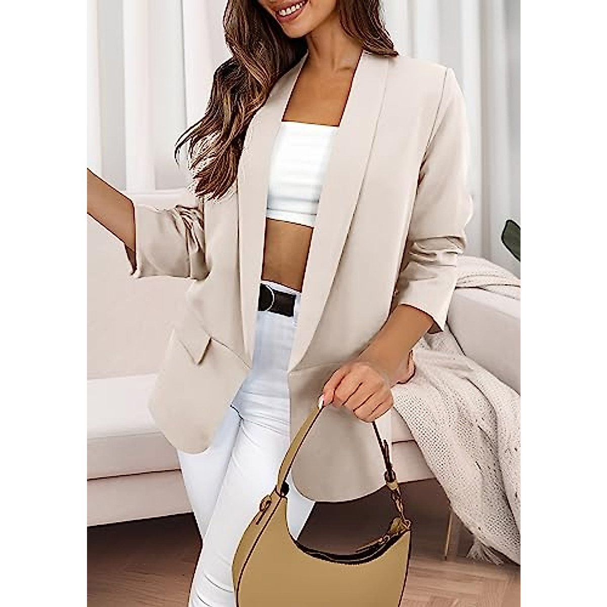 KIRUNDO Womens Fall Fashion 2023 Casual Blazers Long Sleeve Open Front Work Suit Office Blazer Jackets with Pockets(Beige White, Medium)