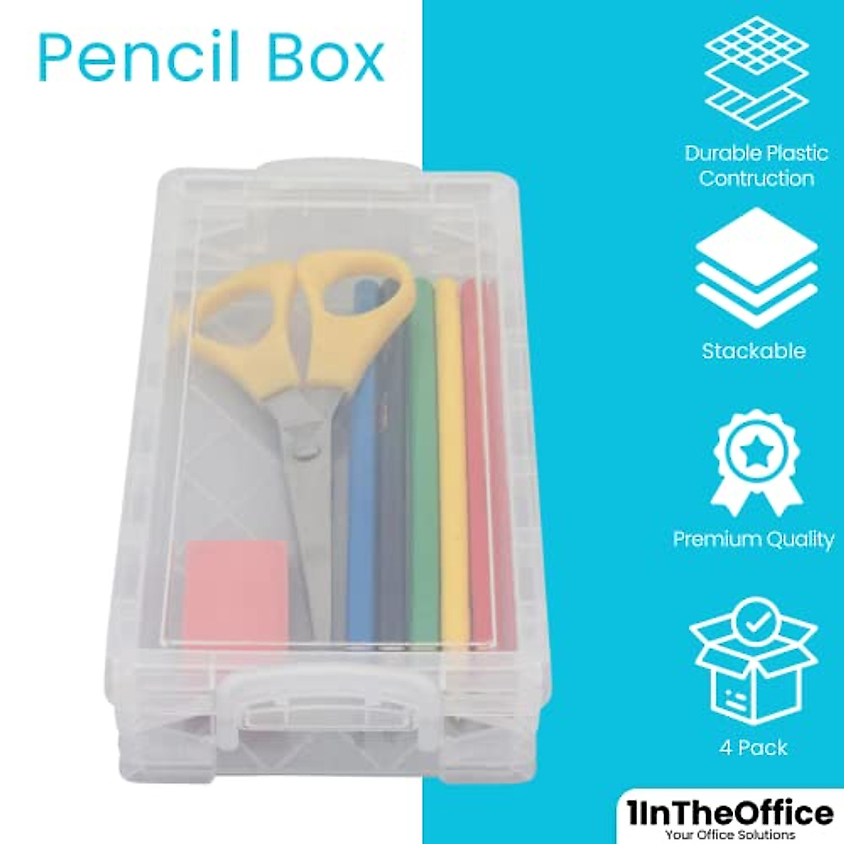 1InTheOffice Pencil Box, Stackable Translucent Clear 8.25 x 1.5 x 4 Inches, (4 Pack)