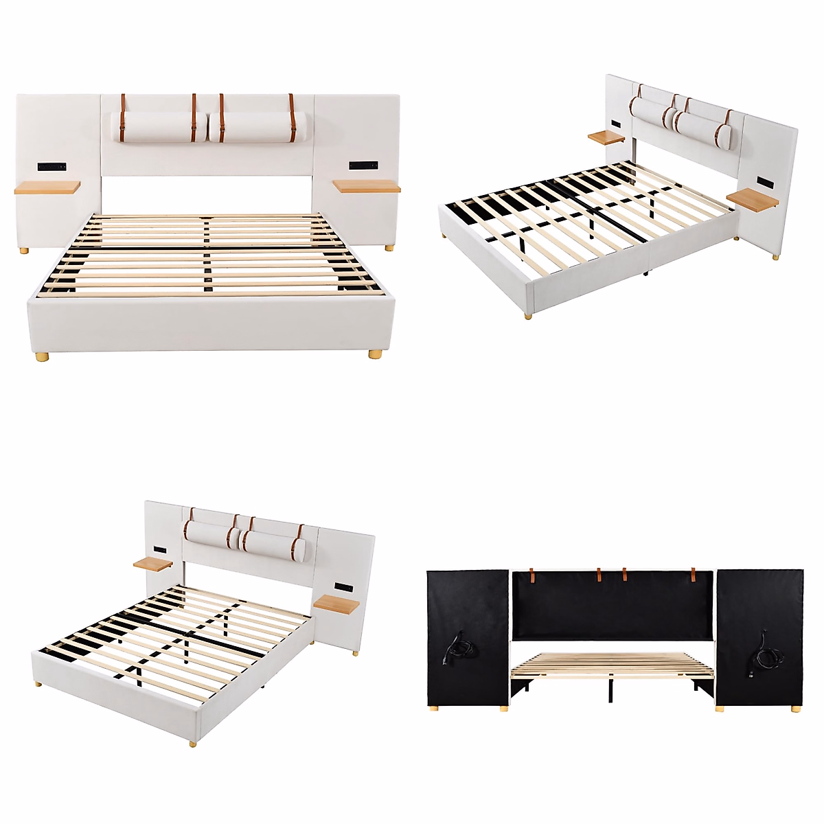 Merax Queen Size Upholstered Platform Bed, Modern Bedframe with Two Outlets and USB Charging Ports on Both Sides, Two Bedside Pillows, Storage Shelves, Beige