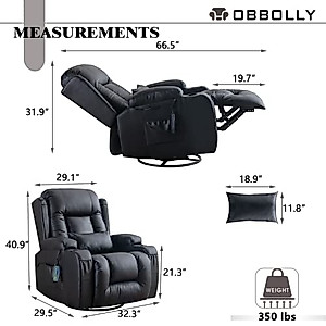 OBBOLLY Swivel Rocker Recliner Chair with Massage, Manual Glider Rocking Recliner Chair, Wingback Design 360?Swivel Chair with Lumbar Pillow, Cup Holders for Living Room (Single, Black-pu)