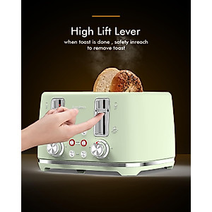 4 Slice Toaster, Extra Wide Slots, Longdeem Retro Stainless Steel Toasters, 6 Browning Options, Lift + Look, Auto Shut Off & Frozen Function, Toast Fruit Bread, Bagel & Waffle, Pastel Green