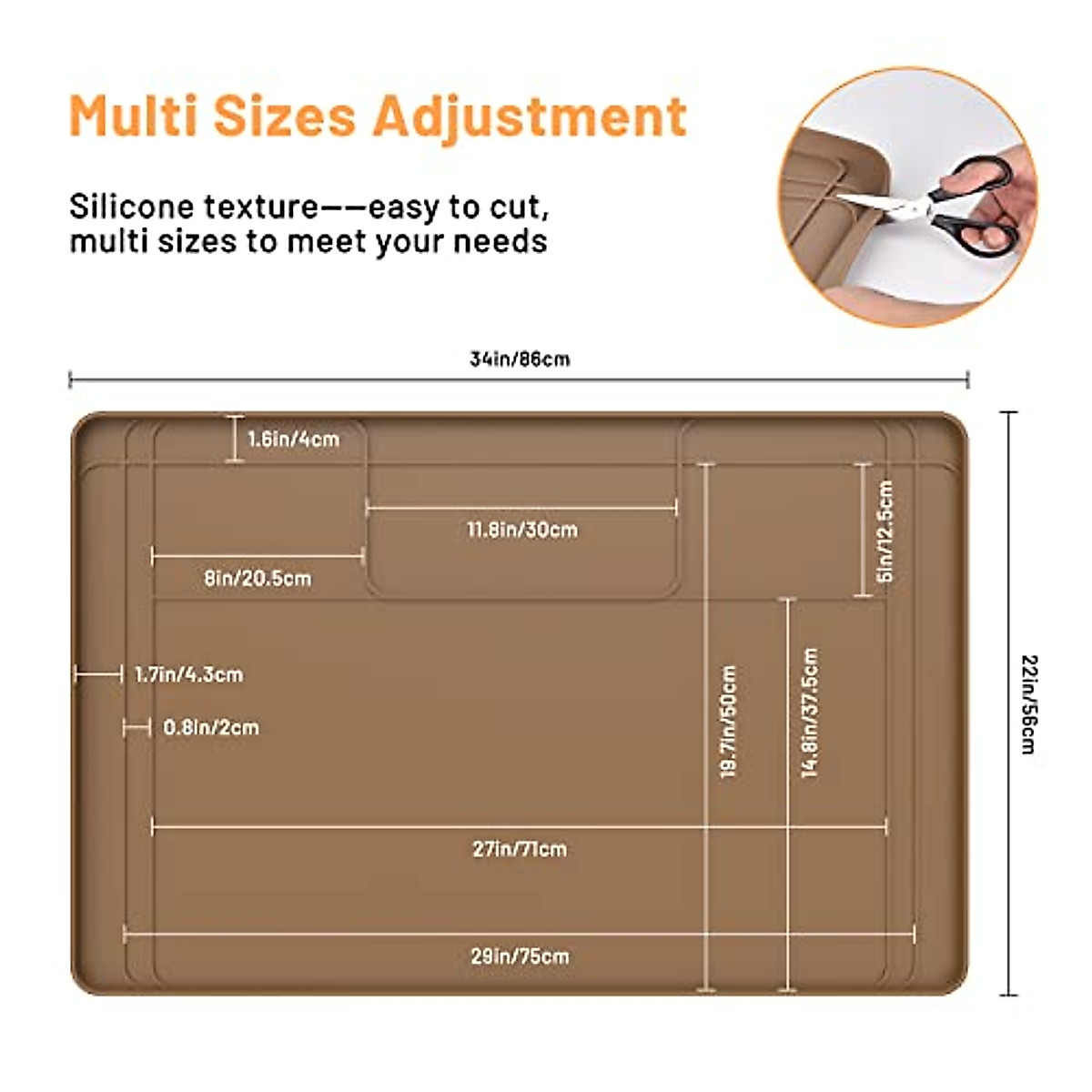 Under Sink Mat for Kitchen Waterproof, 34" x 22" Silicone Thicken Trimmable Cabinet Mat, Under Sink Drip Tray for Kitchen Bathroom Cabinets, , Adjustable Size, Hold up to 3.3 Gallons Liquid (Brown)