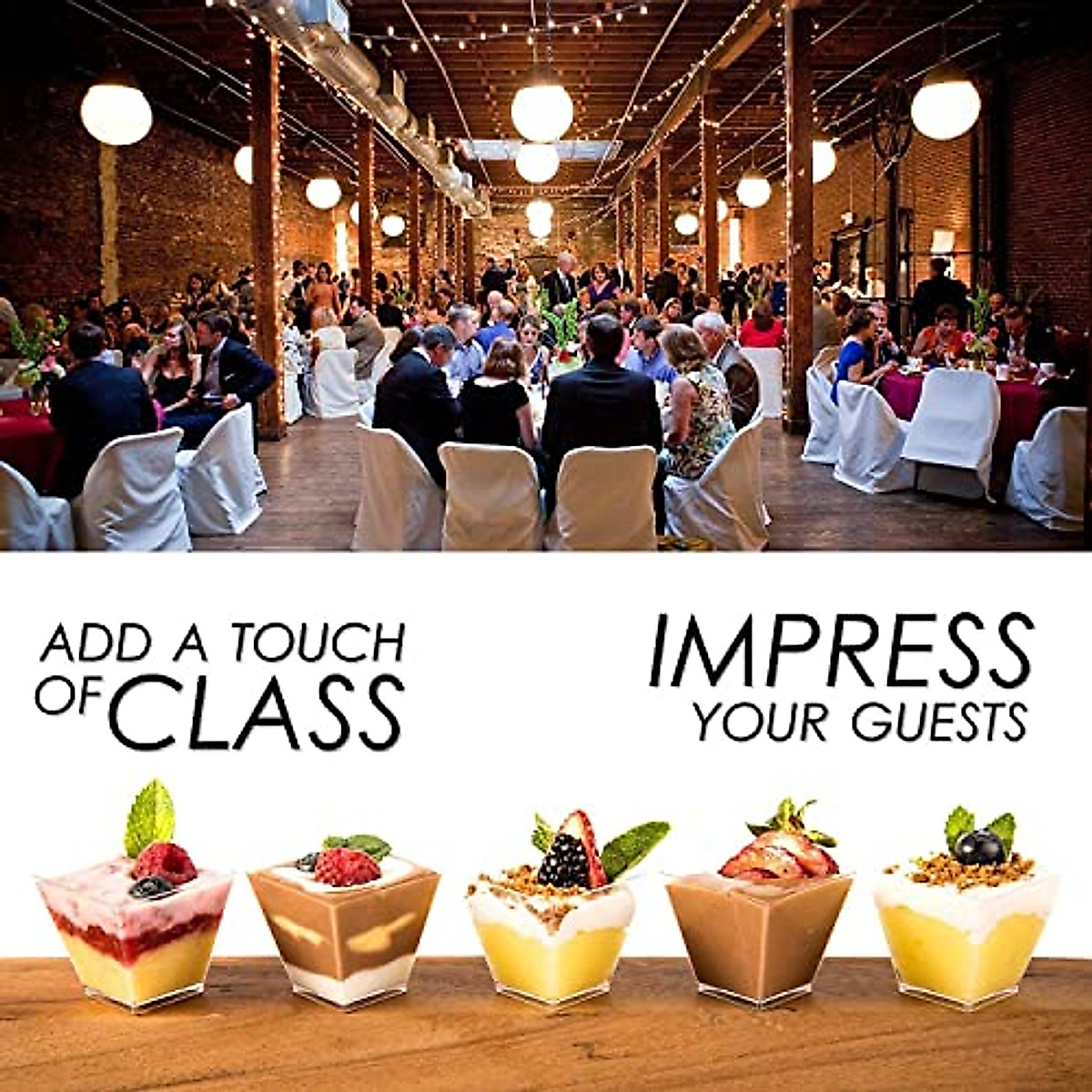 DLux 50 x 2oz Square Mini Dessert Cups with Spoons, Clear Plastic Parfait Appetizer Cup - Small Reusable Serving Bowl for Tasting Party Desserts Appetizers - With Recipe Ebook