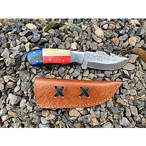 NUSHBA 012 Handmade Damascus Gut Hook Skinning Hunting Knife With Cow Brown Leather Sheath- Best Damascus Steel American Flag Handle Hunting Knife