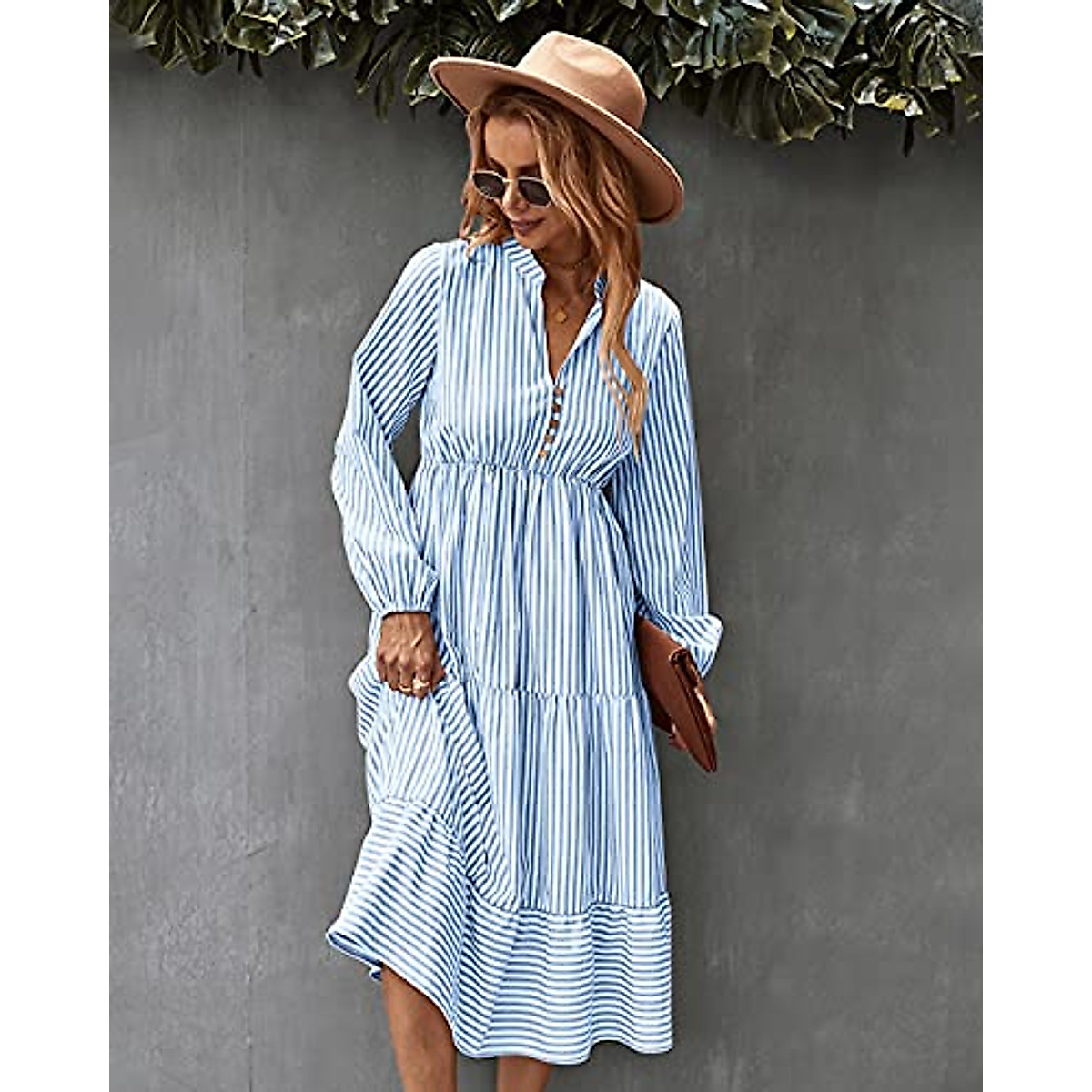 YOXUA Women's Striped Shirt Dresses Stand V Neck Midi Dress Pleated Ruffle Casual Long Sleeve Dress