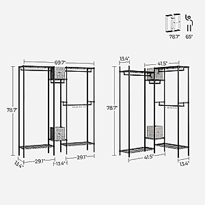 SONGMICS Clothes Rack with Shelves, Garment Rack for Hanging Clothes, Heavy Duty Closet Rack, Steel Portable Closet with Fabric Storage Boxes, Adjustable Shelves, for Bedroom, Black ULGR401B01