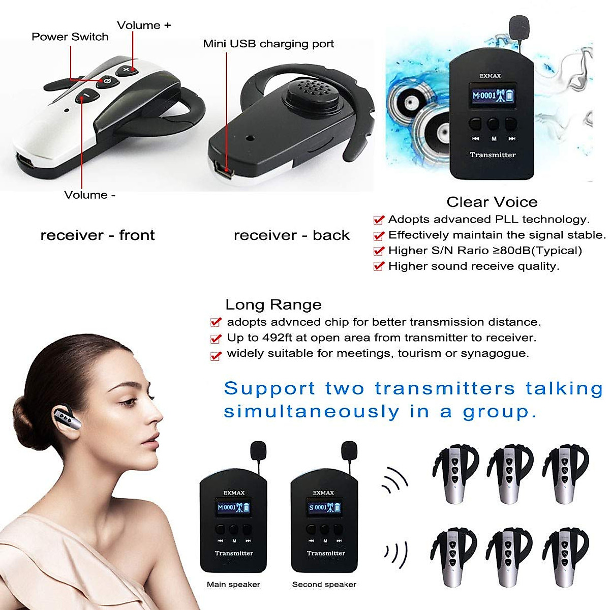 EXMAX EXD-6824 2.4G Wireless Voice Audio Tour Guide System Interpreter Translation Equipment for Churches Business Convention Tour Guide Teaching Training Private Talking (1 Transmitter 3 Receivers)