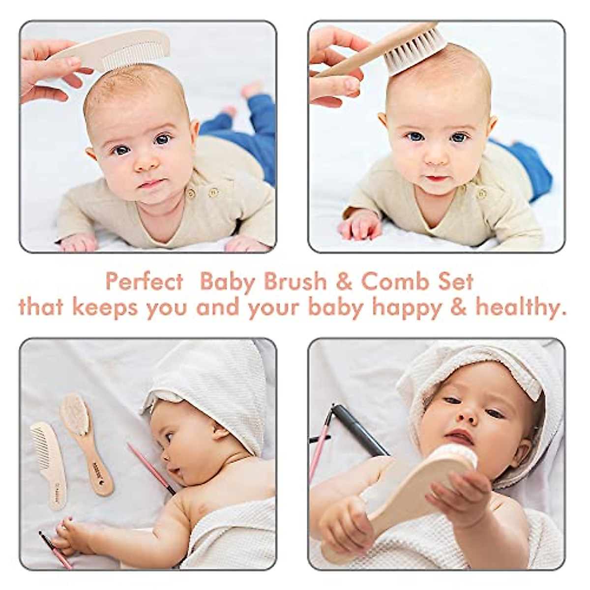 haakaa Baby Hair Brush and Comb Set for Newborns & Toddlers - Natural Soft Goat Bristles and Wooden Handle, Gently Grooms Baby's Hair, Ideal for Cradle Cap, Perfect Baby Gift, 2pk