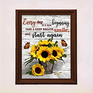 Every Day Is A New Beginning - Sunflower Positive Quotes Inspirational Wall Art, Motivational Flowers Picture Wall Decor Print For Home Decor, Office Decor, Studio & School, Great Gift For All - 11x14