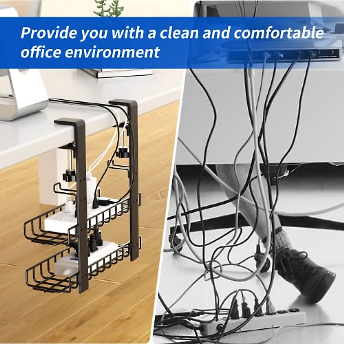 Under Desk Cable Management Tray, High Capacity Cord Organizer Rack for Desk, 2 Tier Desk Wire Management with Clamp Mount System, No Drill Cable Basket fits 0.4" to 2.4" Thickness Flat Side Desk
