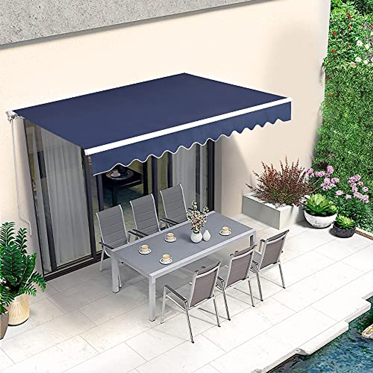 MCombo 12x10 Feet Manual Retractable Patio Door Window Awning Sunshade Shelter Outdoor Canopy (Dark Blue)