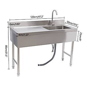 Freestanding Stainless Steel Sink, Commercial Restaurant Sink w/Faucet & Drainboard for Cafe, Bar, Hotel, Garage, Laundry Room w/Workbench & Storage Shelves Indoor Outdoor