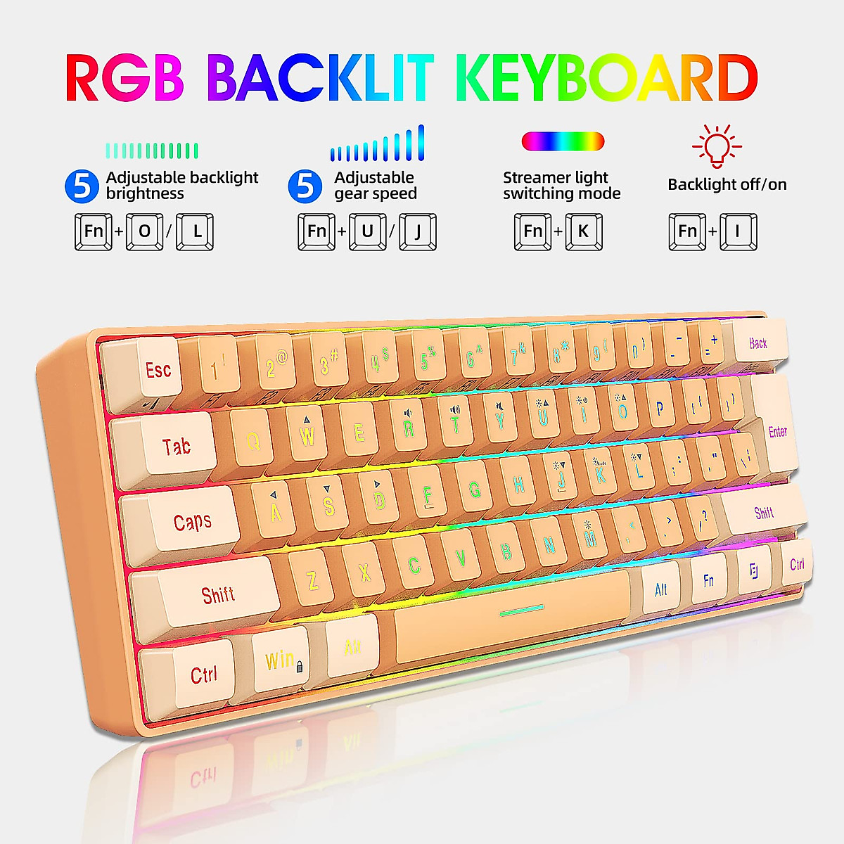 Snpurdiri 60% Wired Gaming Keyboard, RGB Backlit Ultra-Compact Mini Keyboard, Waterproof Mini Compact 61 Keys Keyboard for PC/Mac Gamer, Typist, Travel (Cream and Orange)