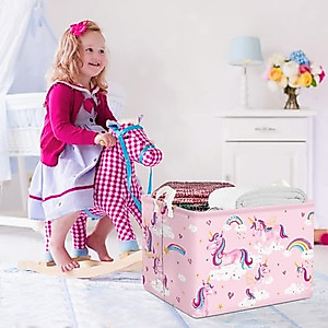 Clastyle Adorable Pink Unicorns Shelf Basket for Kid Cloud Heart Rainbow Baby Girls Gift Basket Rectangle Clothes Books Toy Storage Cube, 36L