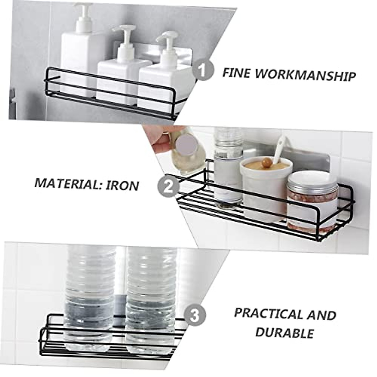 Levemolo 2pcs Organizer Shelves for Adhesive Dish Shampoo Brush Stainless Holders Caddy Racks Shower Farmhouse Scouring Iron Black Display Storage Floating Sink Metal Shelf Wall-mounted