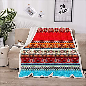 A Nice Night Boho Paisley Stripes Sherpa Fleece Blanket Twin Size Plush Throw Blanket Fuzzy Soft Blanket Microfiber (Blue, Twin(60x80 Inch))