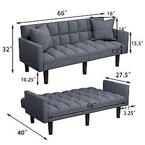 JUMMICO Modern Tuft Futon Sofa Bed Couch Convertible Loveseat Sleeper Reclining Futon Twin Size with Arms and 2 Pillows for Living Room (Blue)