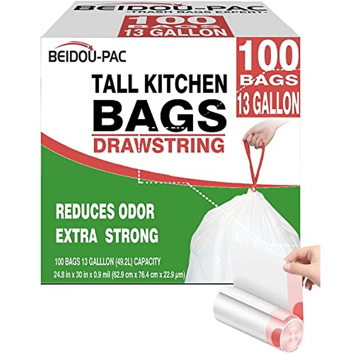 BEIDOU-PAC Trash Bags 13 Gallon Drawstring, 100 Count, Multifold Roll Garbage Bags, Tall Kitchen Trash Bag, Odorless & Extra strength White Plastic Food Scrap Bag for Home Office Bathroom Kitchen Bins